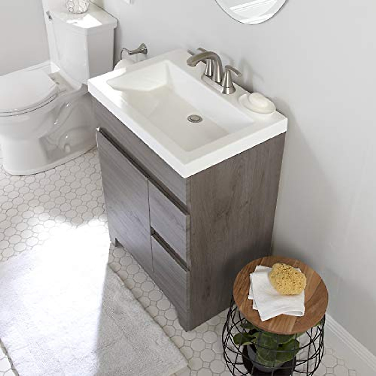 Spring Mill Cabinets Muriel Bathroom Vanity with 1-Door Cabinet, 2 Drawers, and White Single-Sink Top, 24.5" W x 16.75" D x 33.89" H, Dark Oak