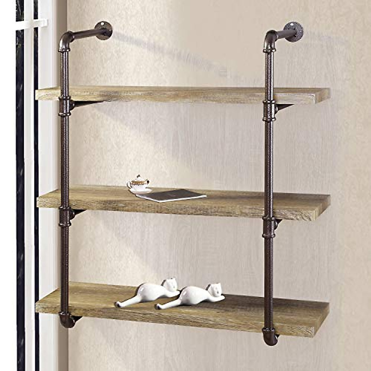 YU YUSING 3 Tier Industrial Pipe Wall Shelf, Rustic Floating Bar Shelves, Wood and Metal Bookshelves for Bedrooms, Bathroom and Kitchens Shelving
