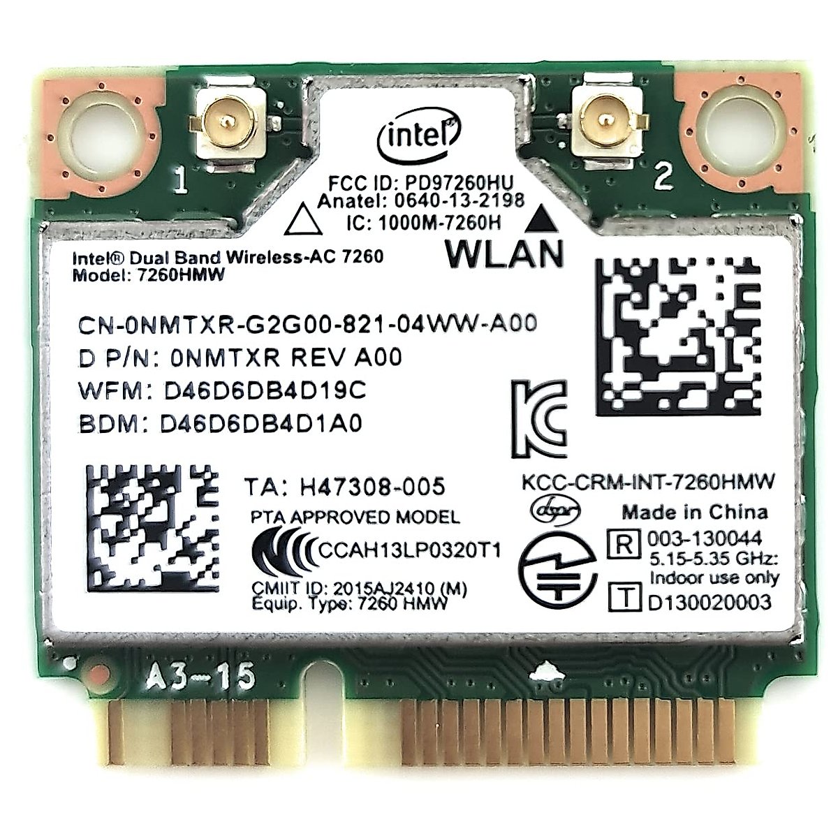 Intel Dual Band Wireless-AC 7260 2x2 Network plus Bluetooth adapter (7260.HMWWB.R)