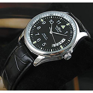 VIGOROSO Men's Sport Day Date Black Leather Automatic Self Winding Watch