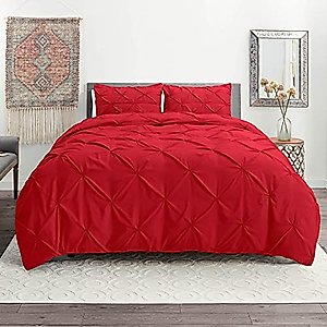 Luxury 3 Piece Pinch Pleated Duvet Cover Set - Ultra Soft, Lightweight, Breathable Microfiber Bedding for Cool, Comfortable Sleep, Pintuck Decorative Comforter Cover, Queen, Cherry Red