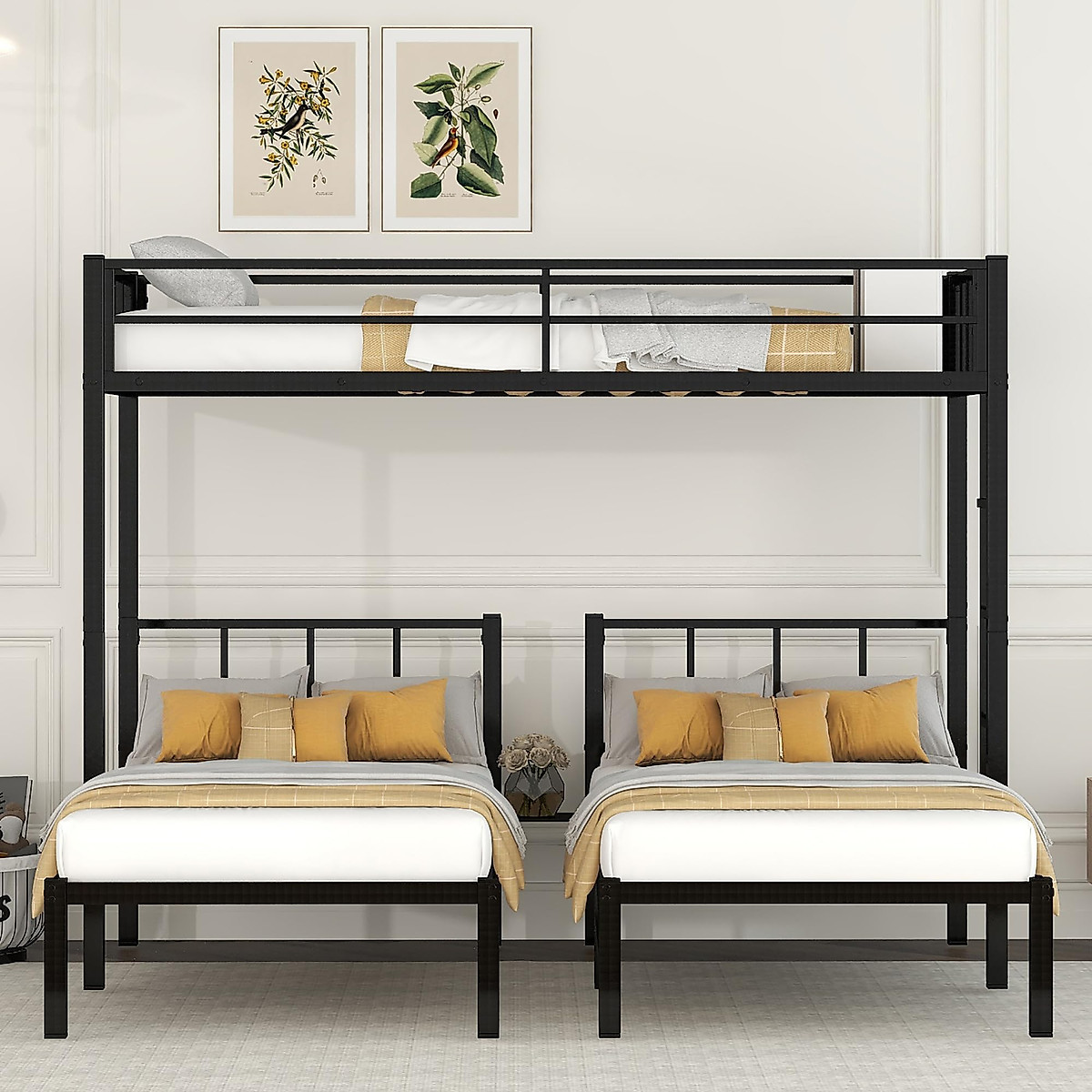 L Shaped Metal Triple Bunk Bed for 3 Kids, Twin over Twin & Twin Bunk Beds with Build in Ladder and Guardrails, Twin over Twin & Twin XL Triple Bunk for Kids, Teens, Adults, Black Triple Bunk Bed