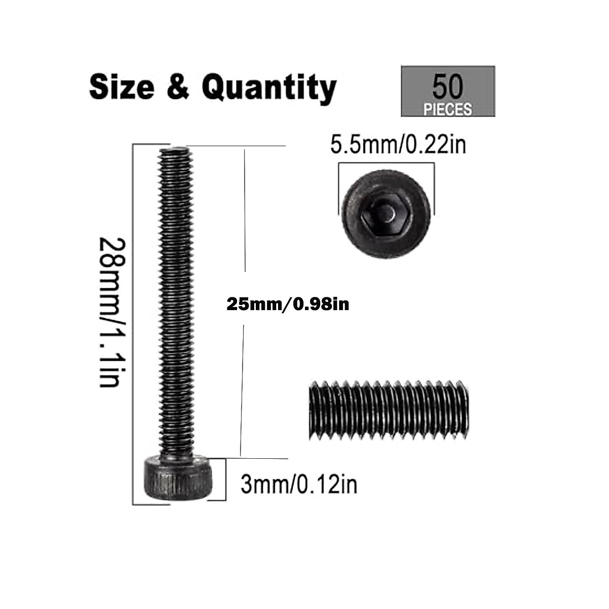 jiuwu 50Pcs M3 x 25mm Socket Head Screw，Thread Pitch 0.5 mm Alloy Steel 12.9 GradeHex Socket Button Head Cap Screws Bolts Kit, Black Oxide Finish