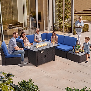 8 Pieces Outdoor Patio Furniture Set with 46" Propane Fire Pit Table, Brown PE Wicker Patio Furniture Sectional Sofa, 55,000 BTU Auto-Ignition Firepit w/Glass Wind Guard