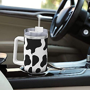 deaokluy 40 OZ Cowhide Print Ice Bully Cup with Handle Straw Lid, Double Wall Stainless Steel Tumbler Travel Coffee Cup, Black and White Insulation and Cooling Cup for Christmas Birthday Present
