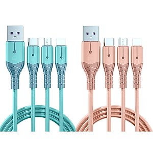 KuGinMa Multiple Charging Cable,【2Pack 5FT】 3 in 1 Fast Charger Cable Multiple USB Cord Super Soft Silicone with Light Design,Compatible with IP/Type-C/Micro-USB, BLUE & PINK