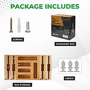 AGILILY 9 IN 1 Bamboo Storage Bag Organizer for Kitchen Drawer, Plastic Wrap and Foil Dispenser with Cutter, Compatible with Gallon, Quart, Sandwich and Snack Variety Size Bags (Natural, 3.5” High)