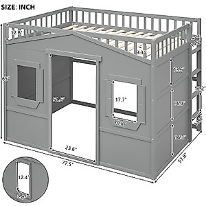 DNYN Full Size House Loft Bed for Kids Bedroom,Solid Wood Bedframe with Ladder & Safety Guardrail,Underneath Play-House Design & No Box Spring Needed,Easy Assembly,77.5" x 57.8" x 65", Gray