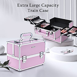 Frenessa Makeup Train Case Large Portable Cosmetic Case - 6 Tier Trays Professional Makeup Storage Organizer Box Make Up Carrier with Lockable keys - Pink