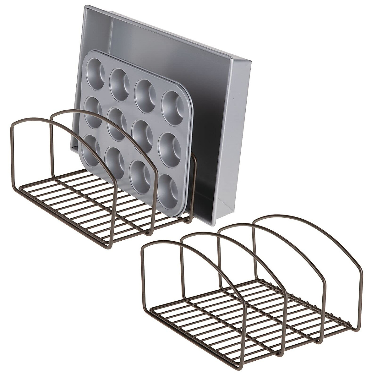 mDesign Steel Cookware Holder, Storage Organizer Rack with Three Slots for Kitchen Cabinet, Pantry, Holds Pans, Pots, Lids, Cookie Sheets, Cutting Boards - Concerto Collection - 2 Pack - Bronze