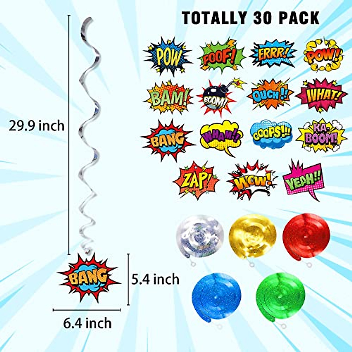Superhero Hanging Swirls 30 Pack Hero Action Sign Foil Ceiling Hanging Swirls Streams Banner Decorations Garland for Kids Cartoon Superhero Baby Shower Celebrating Events Birthday Party Supplies Room Wall Decor
