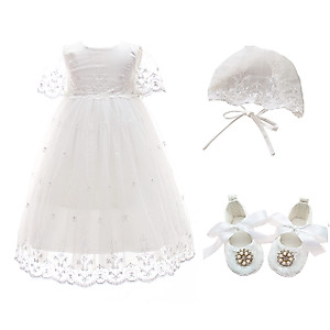 Glamulice White Baby Girls Christening Baptism Tulle Dresses 3-6 Lace Floral Embroidered Newborn Birthday Party Wedding Gowns Infant Photo Shoot Communion Pageant Outfits Dress & Bonnet & Shoes 3M