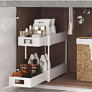 DAMGOLOZA 2 Pack Pull Out Under Sink Organizer, 2 Tier Multi Purpose For Bathroom Kitchen Sink Storage Organizer - White