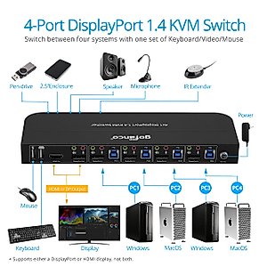 gofanco 4 Port 4K 60HZ DisplayPort KVM Switch with USB 3.0 – DisplayPort 1.4, 4K @60Hz 4:4:4, HDR, HDCP 2.2/1.4, USB Keyboard/Mouse, USB 3.0 Hub, MIC in, Stereo Out, IR Remote, Hotkeys (KVMDP-4P)