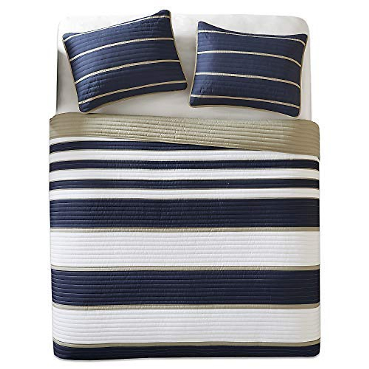 Comfort Spaces Quilt Set Trendy Casual Fun, Vibrant Color Design, Hypoallergenic All Season, Lightweight Coverlet Bedspread Cozy Kids Bedding & Sham Full/Queen Verone White Blue Stripe 3 Piece