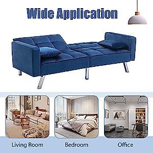 civama Futon Sofa Bed, Velvet 76" Twin Size Couch with 2 Pillows, 3-Seater 3 Angles Convertible Tufted Loveseat Sleeper for Living Room, Modern Upholstered Armrest Folding Futon, Blue, Metal Leg
