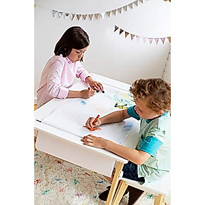 Wildkin Kids Arts and Crafts Table Set for Boys and Girls, Mid Century Modern Design Table Includes Two Stools, Paper and Storage Cubbies Underneath Helps Keep Art Supplies Organized (White)