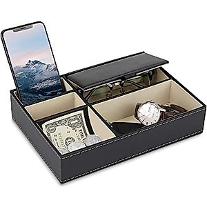 Baoyun Mens Valet Tray Organizer, Mens Jewelry Box, Nightstand Organizer with 5 Compartments, Dresser Faux Leather Storage Box for Wallet, Phone, Keys (Black)