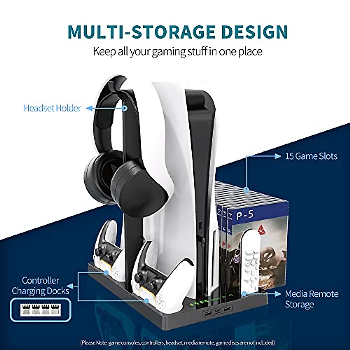 HAPROUND PS5 Vertical Stand with Cooling Fan and Dual Controller Charger - Indicator Lamps and 15 Game Slots, Fast Cooling Through Metal Base, PS5 Console Compatible