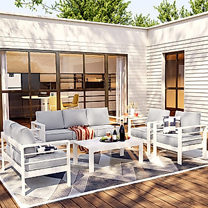 Amopatio Aluminum Patio Furniture Set, 8 Pieces Modern Patio Conversation Sets, Outdoor Sectional Metal Sofa with Cushion and Coffee Table for Balcony, Garden, White (Included Waterproof Covers)