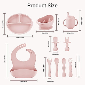 Baby Led Weaning Supplies, FOTEEMO 11-Piece Silicone Baby Feeding Set Self Feeding Baby Utensils First Food Set For 6+ Months Toddler Baby Plates with Suction (Pink)