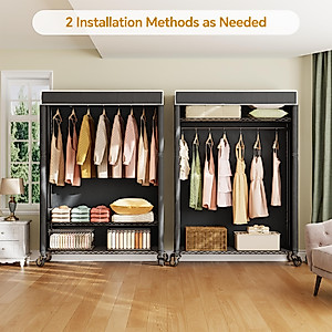 Higeego H4 Plus Rolling Garment Rack with Cover, Heavy Duty Clothes Rack with Wheels, Portable Closet for Hanging Clothes, Wardrobe Closet Organizer Storage, Black Closet Rack with Black Fabric Cover