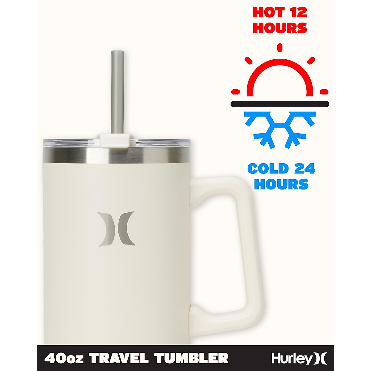 Hurley Tumbler Thermos - 40oz Double Wall Vacuum Insulated Travel Mug with Handle - BPA Free Stainless Steel Water Bottle - Leak Proof Hot and Cold Coffee Car Cup, Size 40 Ounces, Ivory