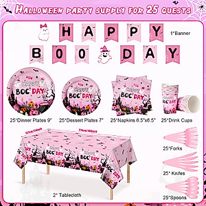 Halloween Happy Boo Day Baby Shower Party Decorations,Pink Ghost Pumpkin Disposable Tableware Paper Plates Napkins Cups Tablecloth Banner for Girl Halloween Birthday Baby Shower Party Supplies,Serve25