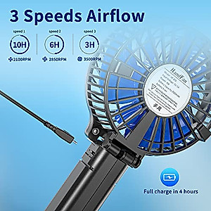 HandFan Portable Handheld Fan, Mini Personal Fan, Battery Operated Cooling Rechargeable Fan, 180° Foldable Small Hand Fan, USB Powered, for Home, Office, Outdoor, Hiking, Travel, Stroller