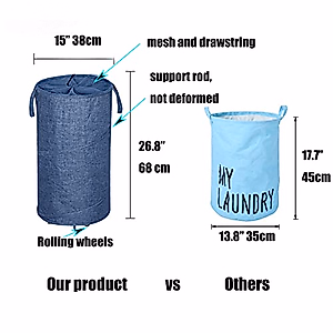 Viviphanhy Collapsible Laundry Baskets Dorm Pop Up Laundry Hamper Oxford Cloth Cylinder With Wheels Handles (Blue)
