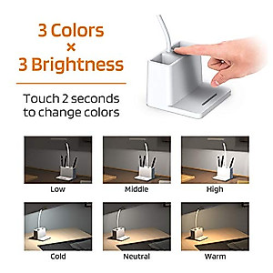 LED Small Desk Lamp, AXX Desk Lamps for Home Office, White Desk Light for Kids, Desktop/Computer Study Lamps for Bedrooms, Rechargeable, Battery Operated, Pen Holder, Adjustable Gooseneck Reading Lamp