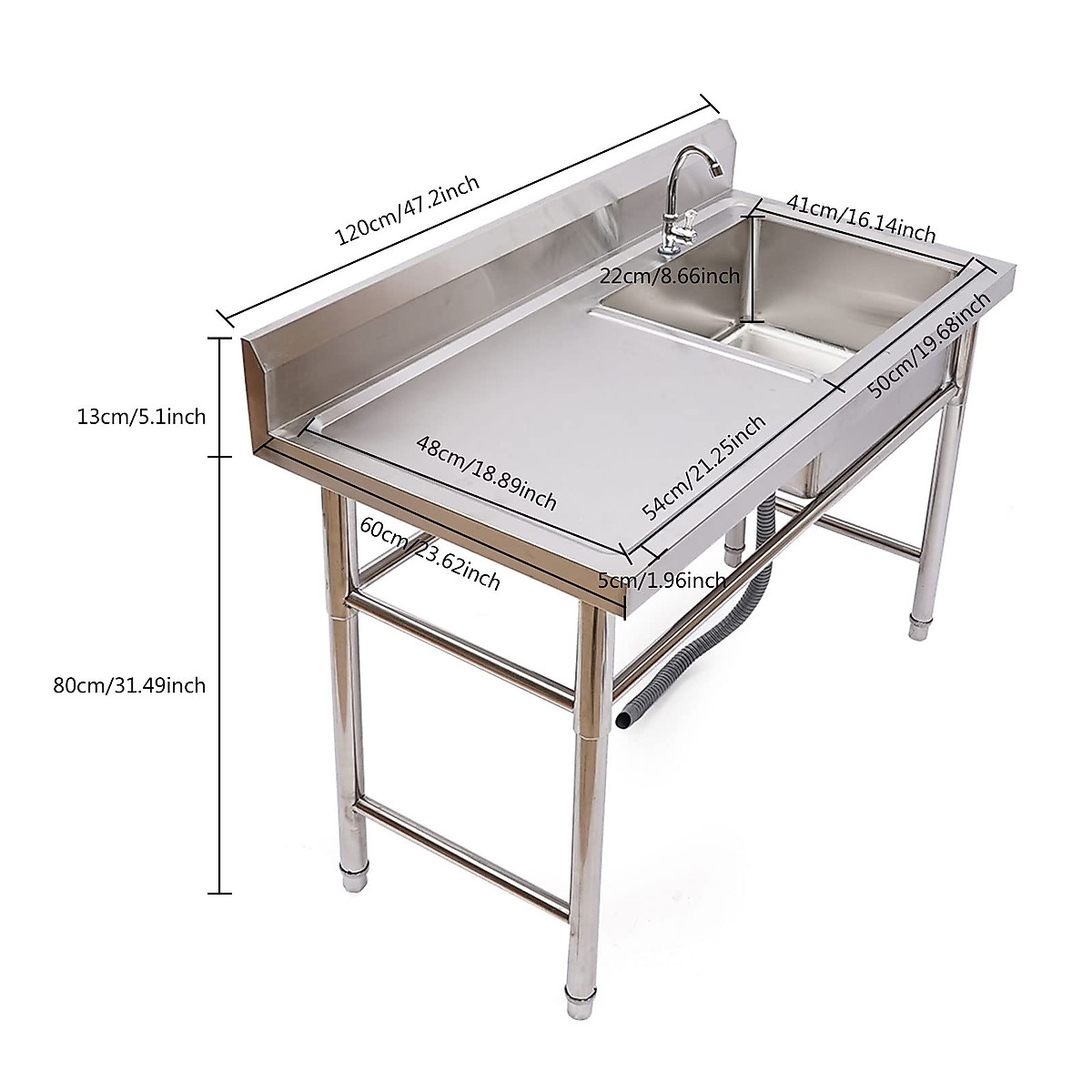 Stainless Steel Sink,Outdoor Sink Station with Hose Hook Up Commercial Utility Sink for Laundry Room Restaurant Kitchen Sink with Faucet and 21.25" L x 18.89" W Workbench
