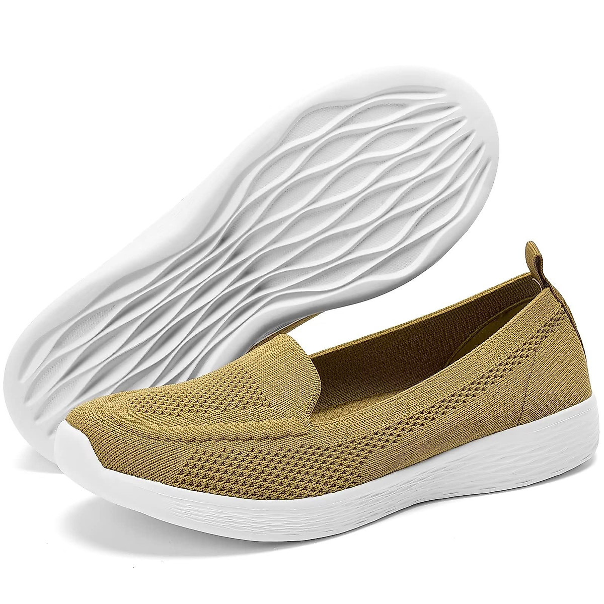 Wryweir Women's Slip on Walking Shoes Comfortable Knit Loafers Lightweight Nurse Sneakers, Khaki US 5.5