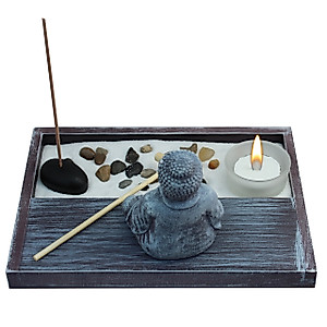 Zen Garden Deluxe Desk Meditation Garden Grey Buddha Statue with Rocks, Tea Light Holder, Rake, Incense and Incense Holder, Sand and Base - Peace & Tranquility (Candle Not Included)