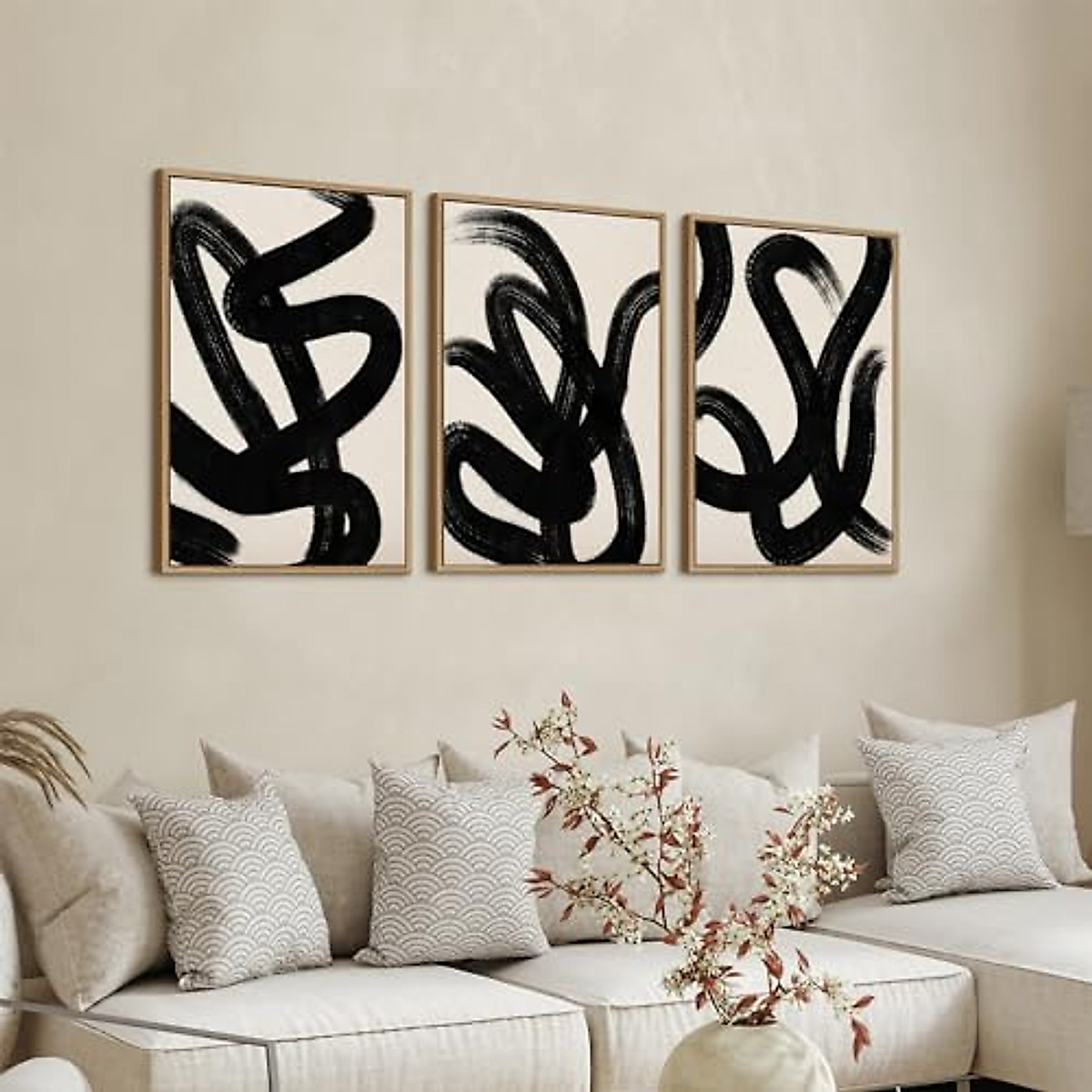 Framed Wall Art Canvas Set Abstract Lines Pictures Modern Mid Century Boho Wall Decor Minimalist Abstract Black Stroke Lines Canvas Painting Artwork Living Room Bedroom Home Office 16"x24"x3 Natural
