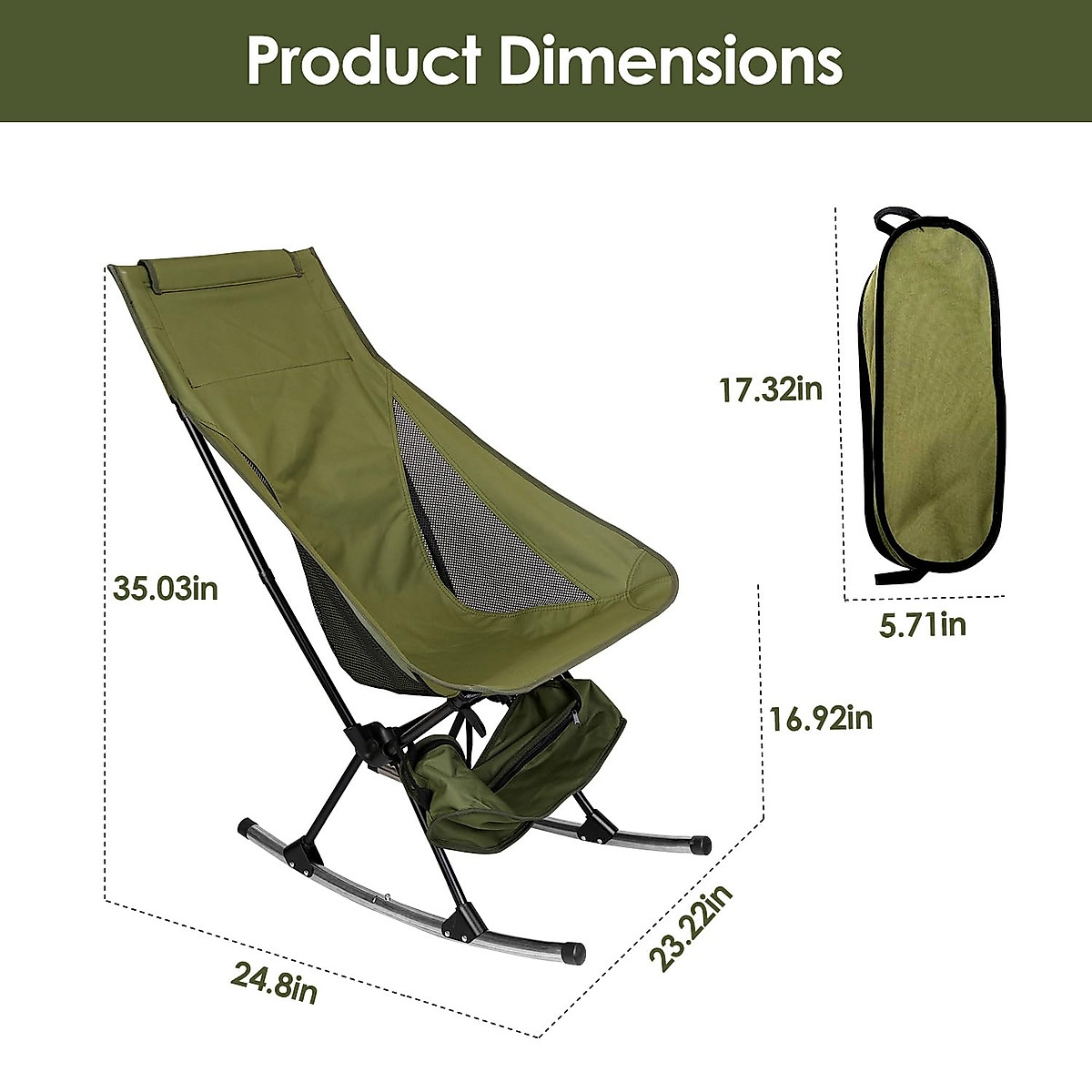 TeqHome Folding Rocking Chair, Outdoor Rocking Chair with Carry Bag, Foldable Padded Rocking Chair, for Camping, Patio, Angling, Supports 300lbs(Beige)