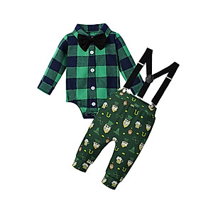 WIQI 6-12 Months Baby Boys My First St. Patrick's Day Outfit Infant Bowtie Bodysuit Pattern Suspender Pants Clothes Set