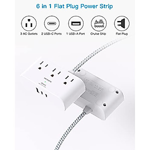 Flat Plug Power Strip, 6 Ft Ultra Thin Flat Extension Cord, 3 Outlets 3 USB Ports(2 USB C) Multi Plug Outlet Extender with No Surge Protector for Cruise Ship, Travel, Dorm Room Essentials