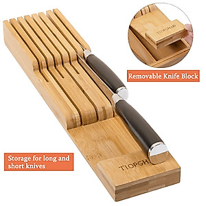 TIOPGHAD Bamboo-Silverware-Drawer-Organizer-Kitchen, Expandable Utensil Holder Cutlery Tray Flatware Organization Adjustable Wood Tableware Dividers Storage (with Removable Knife Block)