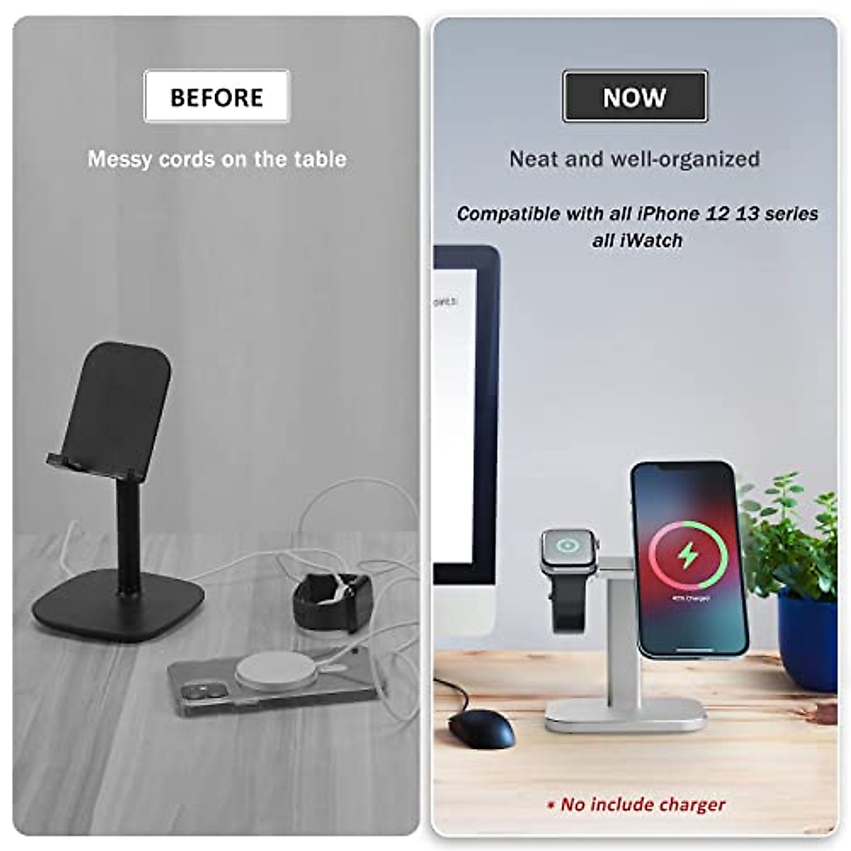 Adjustable Stand for MagSafe Charger/Apple Watch, Aluminum Phone Holder for iPhone 14 Plus 13 12 Pro/Pro Max/Mini and Apple Watch Series SE Ultra (Charger Not Included) (Silver)