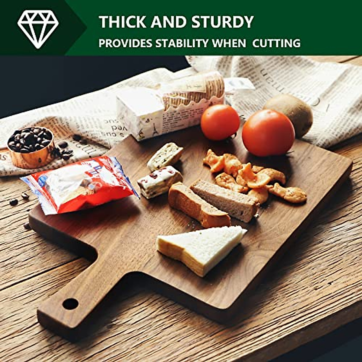 VANDROOP Walnut Cutting Board with Handle, Hanging Wood Cutting Board/Butcher Board/Cheese Bread Board/Cooked Food Board Kitchen,16" x 10" x 0.8" Square Cutting Board,Charcuterie Boards