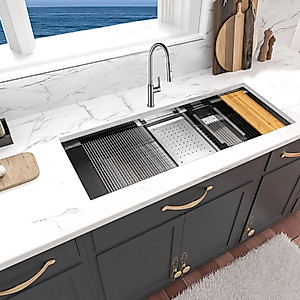 KBFmore 58 Inch Stainless Steel Undermount Workstation Kitchen Sink with Rolling Up Grid, Bottom Grid, Strainer Kit, Colander, Two Colander, and Two Bamboo Cutting Board