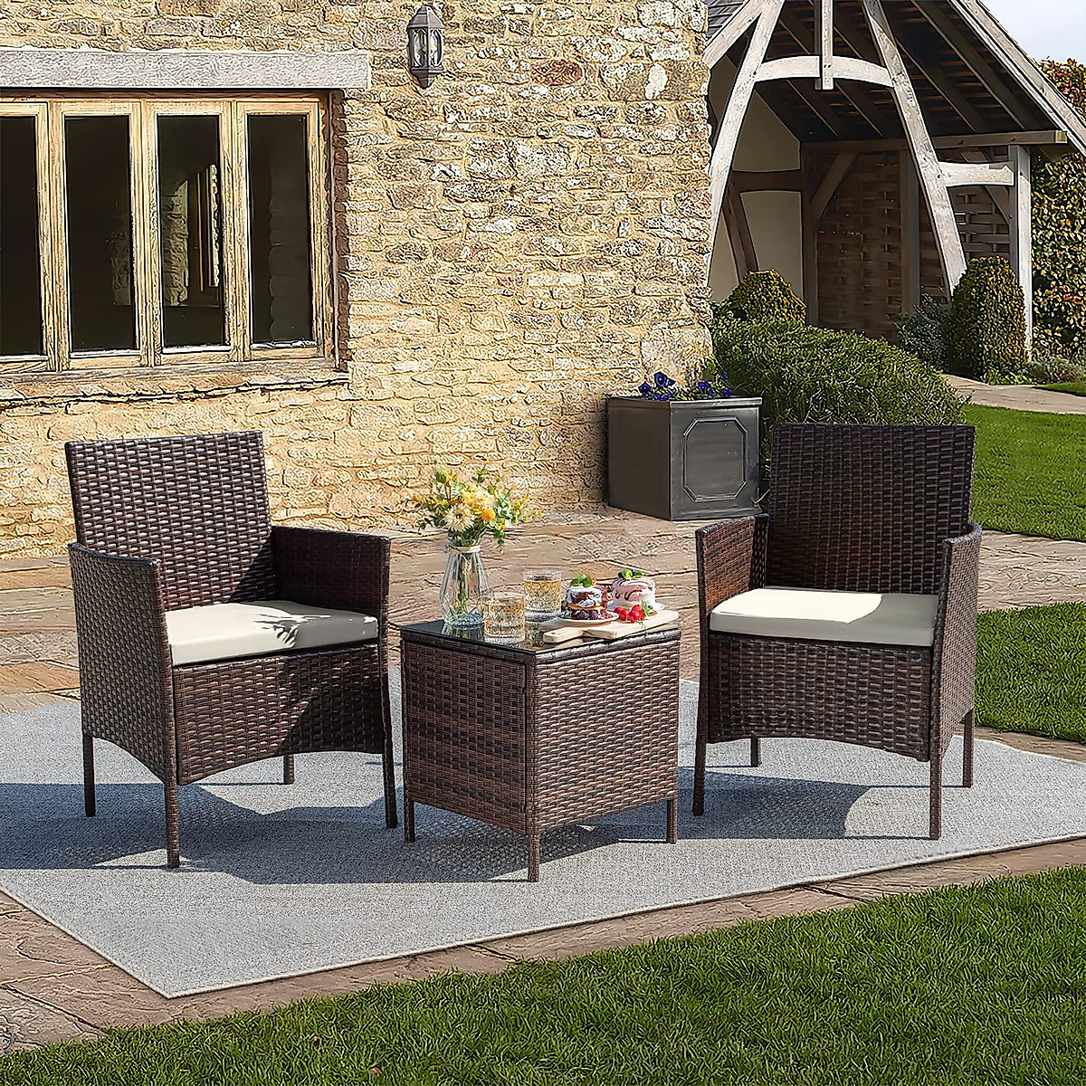 Greesum 3 Pieces Patio Dining PE Rattan Wicker Chair Furniture Set with Cushion and Glass Coffee Table for Outdoor Garden Backyard Poolside, Brown and Beige