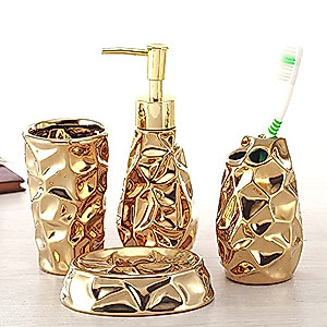 SXFYWYM Gold Bathroom Set 4 Piece Ceramic Bathroom Decoration Accessories Tooth Brush Holder Soap Dispenser Soap Box Tumbler Rinsing Cup, Countertop Vanity Organize Bathroom Accessory Set