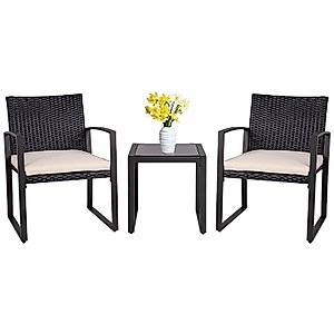 Shintenchi 3 Pieces Outdoor Patio Furniture Set Modern Black Wicker Bistro Set Rattan Chair Conversation with Coffee Table for Yard Porch Poolside Lawn(Beige)