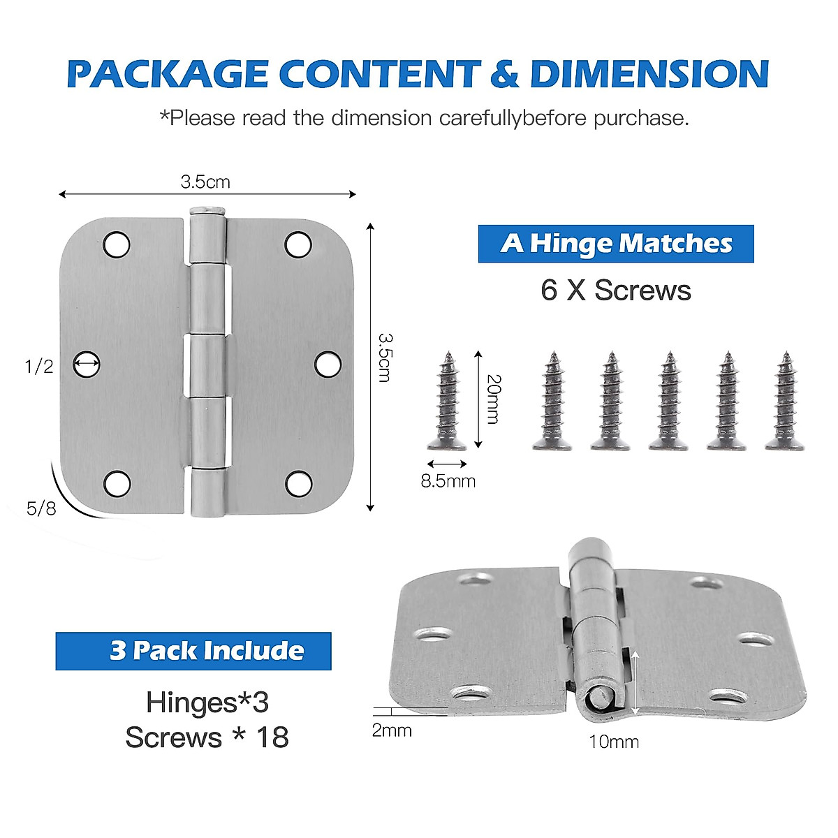 3 Pack Brushed Nickel Door Hinges,3.5 Inch Rounded 5/8" Radius Door Hinges Interior 3 1/2 Inch Door Hinges Bifold Residential Standard Bedroom Indoor Door Hinges for Doors Home