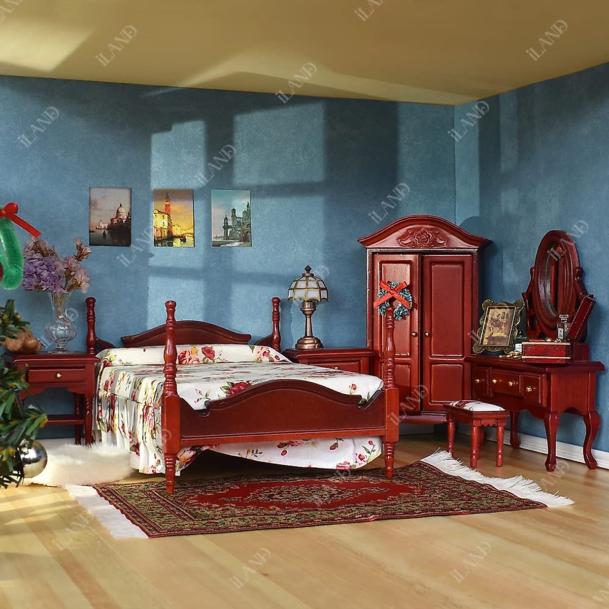 iLAND Wooden Dollhouse Furniture 1/12 Scale, Dollhouse Bedroom Furniture in Mahogany Color incl Dollhouse Bed & Dressing Table & Wardrobe (Classical Miniature Furniture 6pcs)