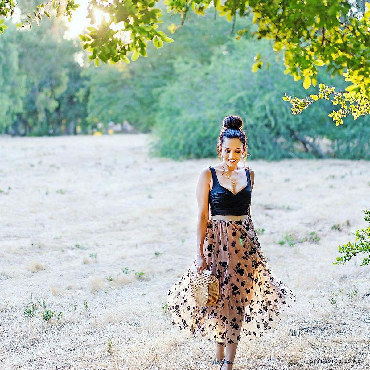 CHICWISH Women's Caramel 3D Posy Double-Layered Mesh Midi Skirt, Size L-XL