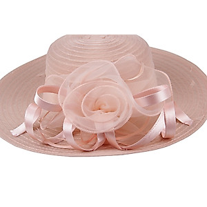 Dantiya Womens Organza Wide Brim Floral Feather Ribbon Kentucky Derby Church Dress Sun Hat, Flesh Pink Free