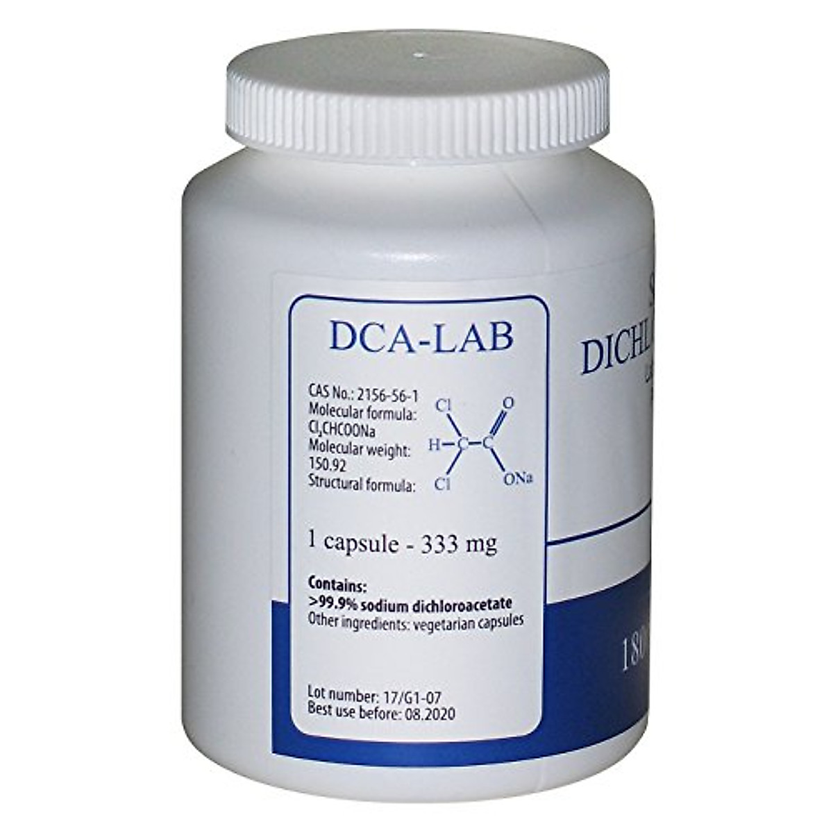 DCA - Sodium Dichloroacetate 333mg - Purity >99.9%, Made in Europe, by DCA-LAB, Certificate of Analysis Included, Tested in a Certified Laboratory, 180 Capsules